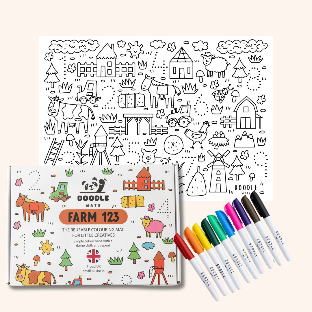 On The Farm 123 - Reusable colouring mat and 10 wipeable pens – Doodle Mats
